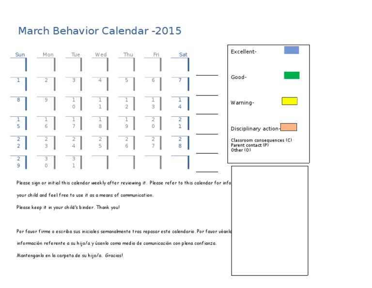 Weekly Behavior Calendar for Parents | PDF