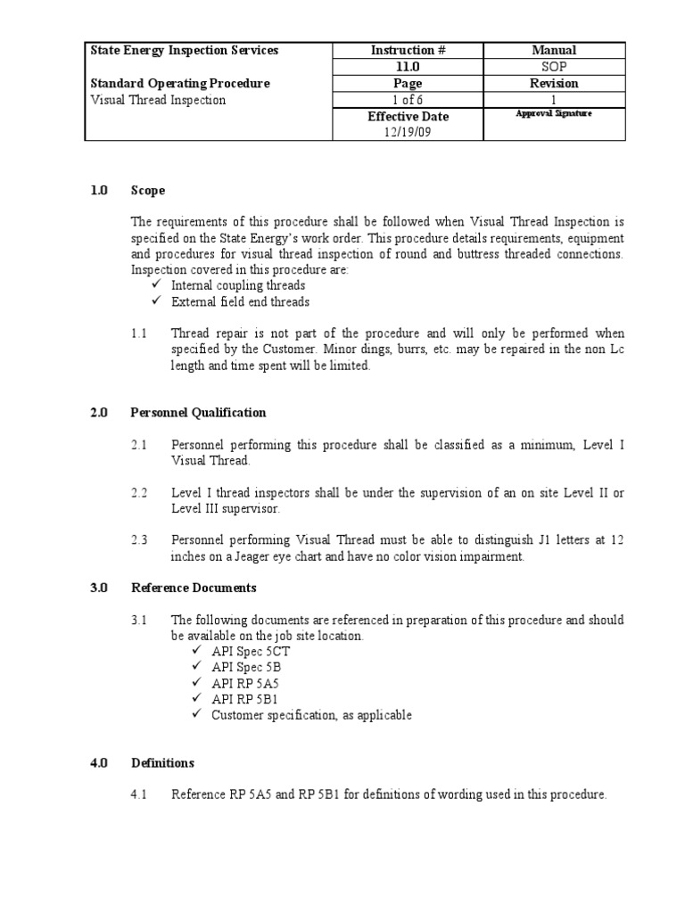 Visual Thread Inspection SOP | PDF | Engineering Tolerance | Pipe ...