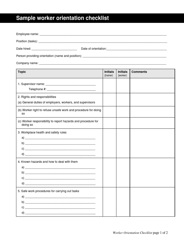 Worker Orientation Checklist Template | PDF | Personal Protective ...