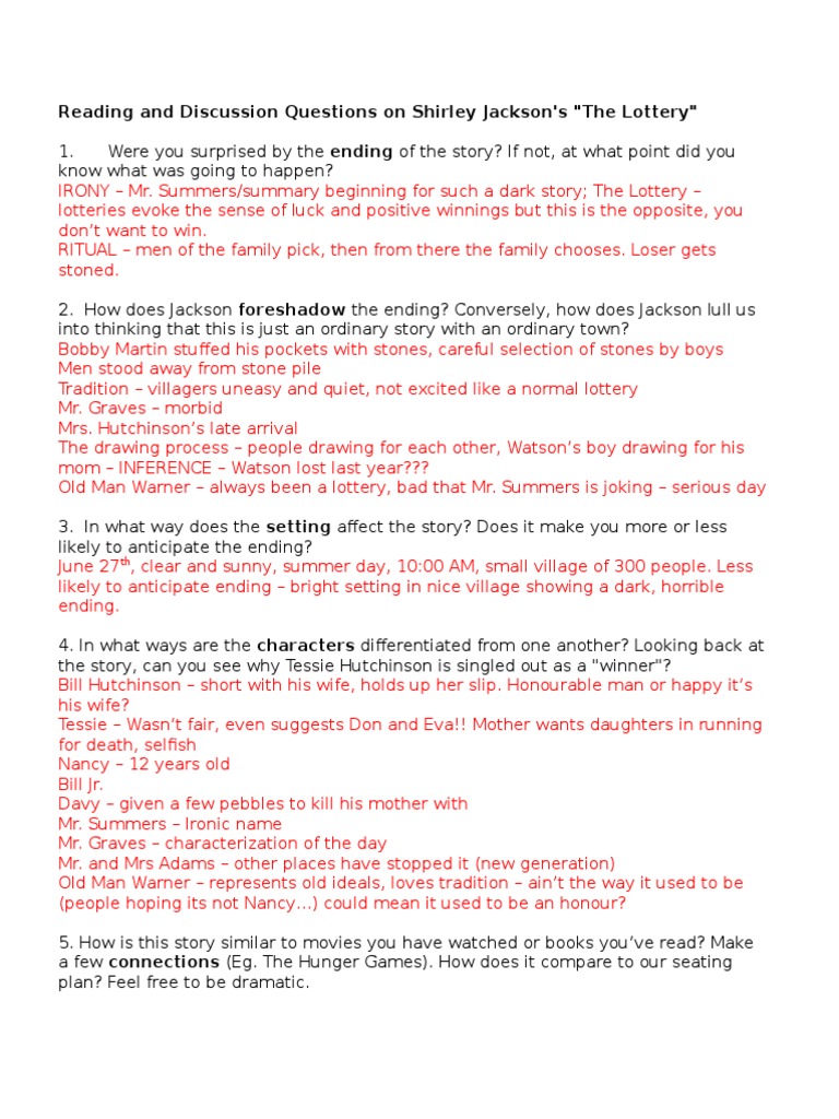 Reading and Discussion Questions On Shirley Jackson | PDF | Mystery ...