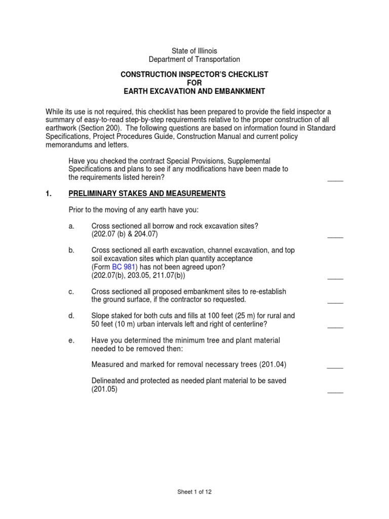 Construction Inspector'S Checklist FOR Earth Excavation and Embankment ...
