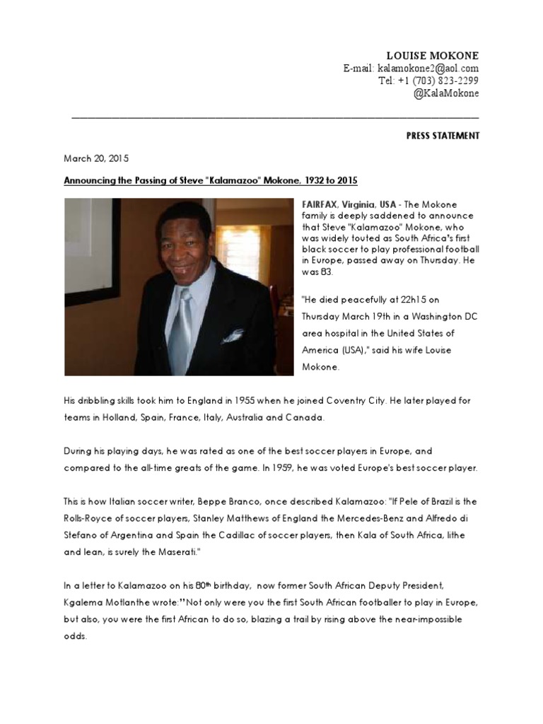 Updated Announcement of Passing of Steve Mokone | Sports