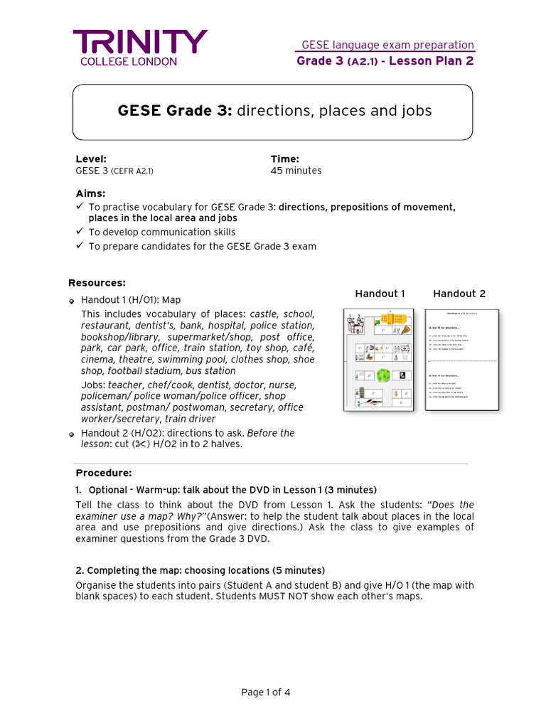 GESE Grade 3 - Lesson Plan 2 - Directions, Local Area, Jobs (Final) | PDF