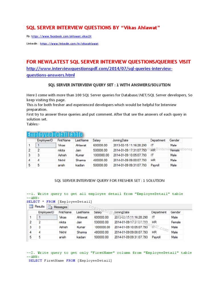 SQL Server Interview Questions Queries by Vikas Ahlawat | PDF | Database Index | Microsoft Sql ...