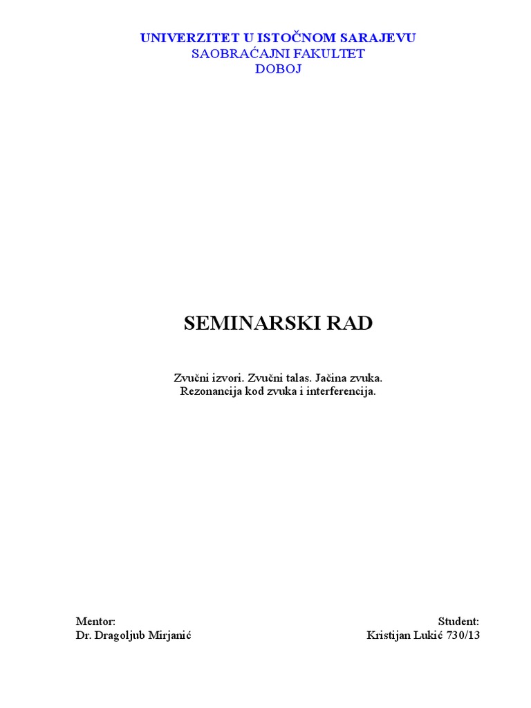 Fizika Seminarski Rad Zvuk | PDF