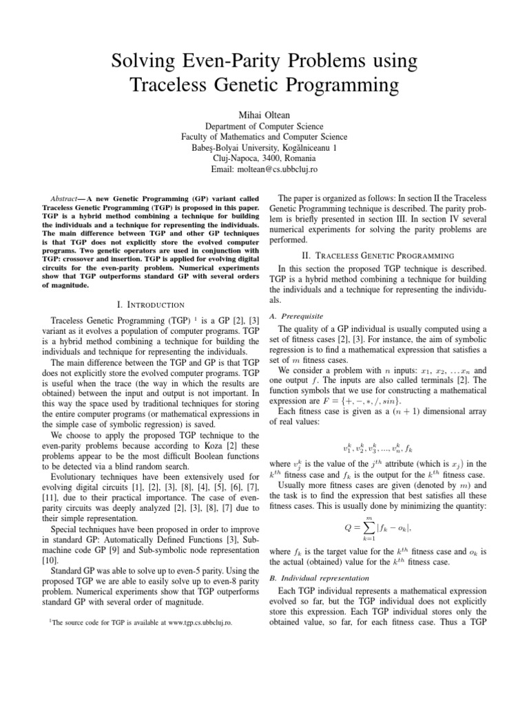 Solving Even-Parity Problems Using Traceless Genetic Programming | PDF | Evolution | Teaching ...