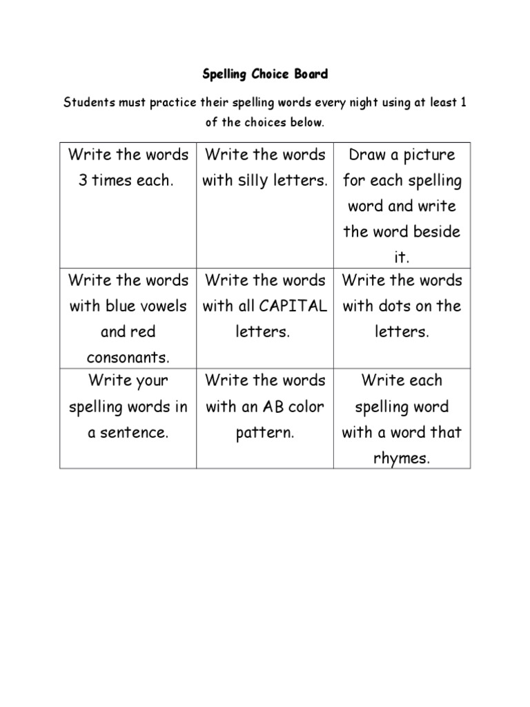 Spelling Choice Board | PDF