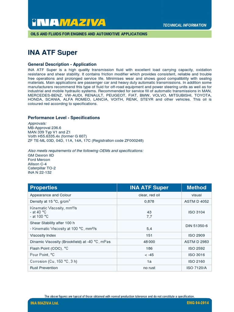 Ina Atf Super: Oils and Fluids For Engines and Automotive Applications ...