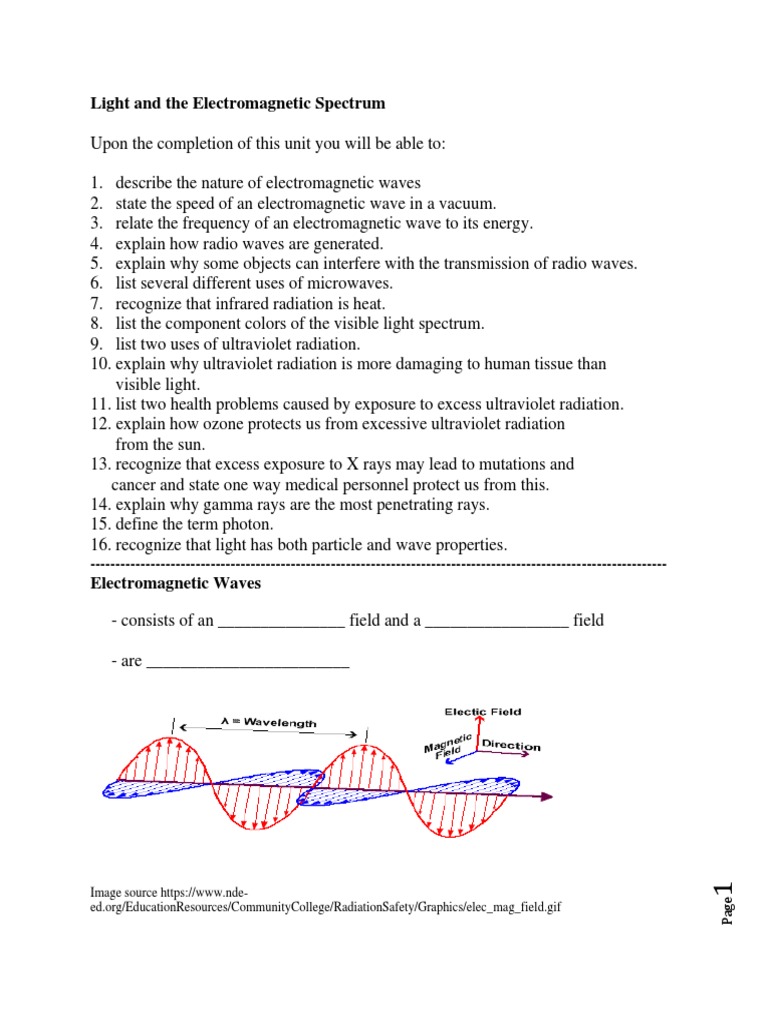 Light and The Electromagnetic Spectrum Completion Notes | PDF ...