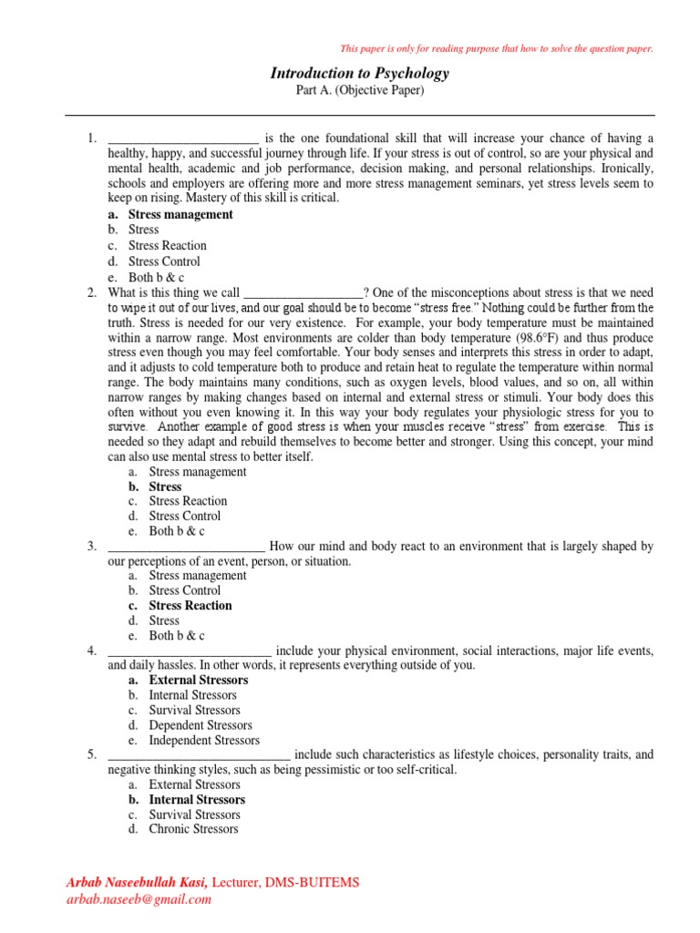 Introduction To Psychology - Question Paper Solution (Objective ...
