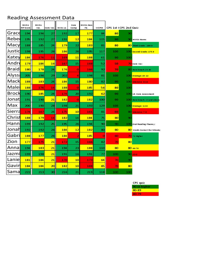 Reading Assessment Data Summary | PDF
