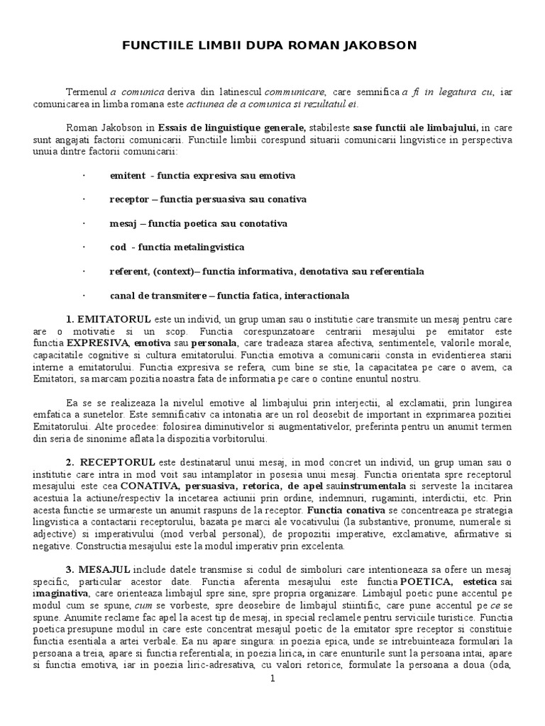 Functiile Limbii Dupa Roman Jakobson | PDF