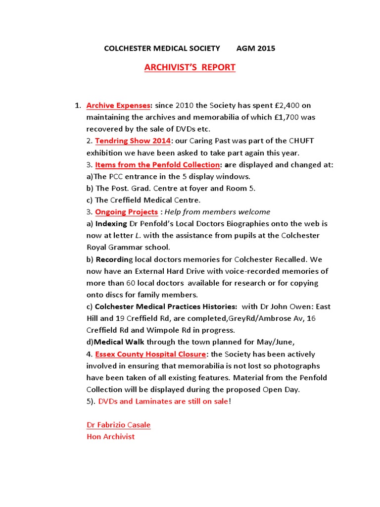 Colchester Medical Society AGM 2015 Report | PDF