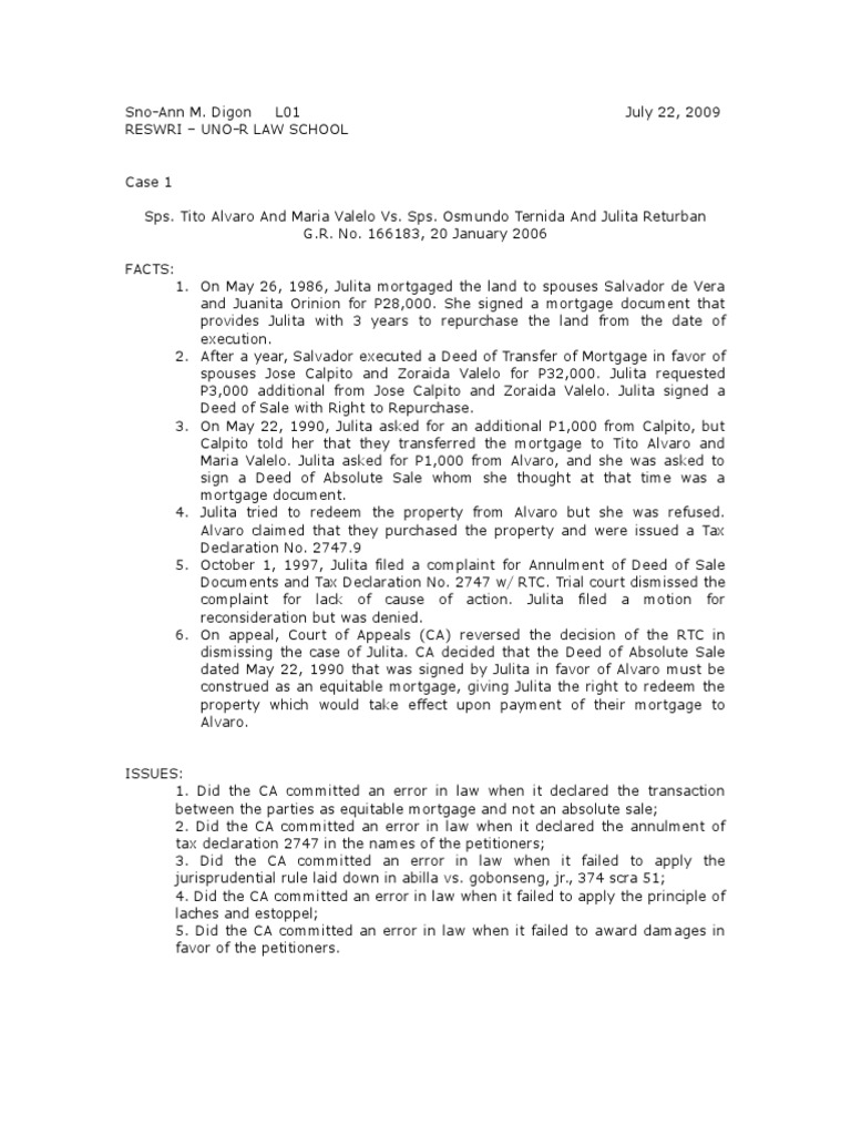 Ternida Versus Alvaro Case | PDF | Mortgage Law | Deed