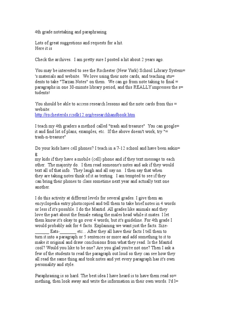 4th Grade Notetaking and Paraphrasing | PDF | Communication | Teaching ...