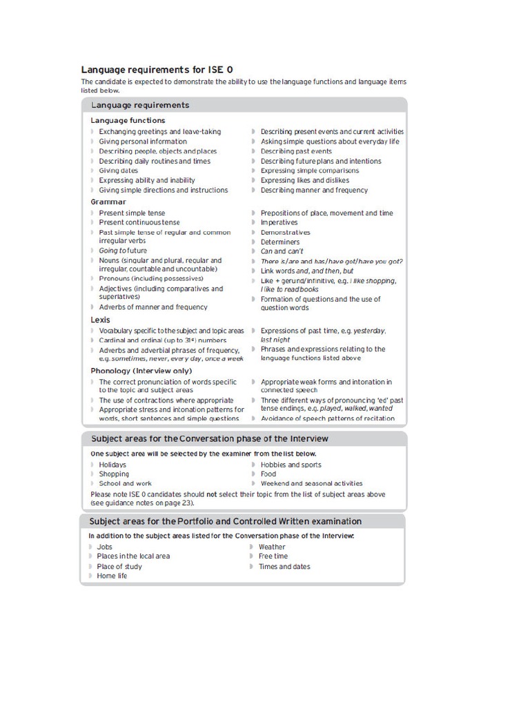 ISE 0-III Language Requirements | PDF
