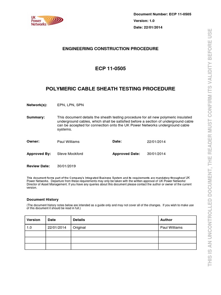 ECP 11-0505 Polymeric Cable Sheath Testing Procedure PDF | PDF | Cable ...