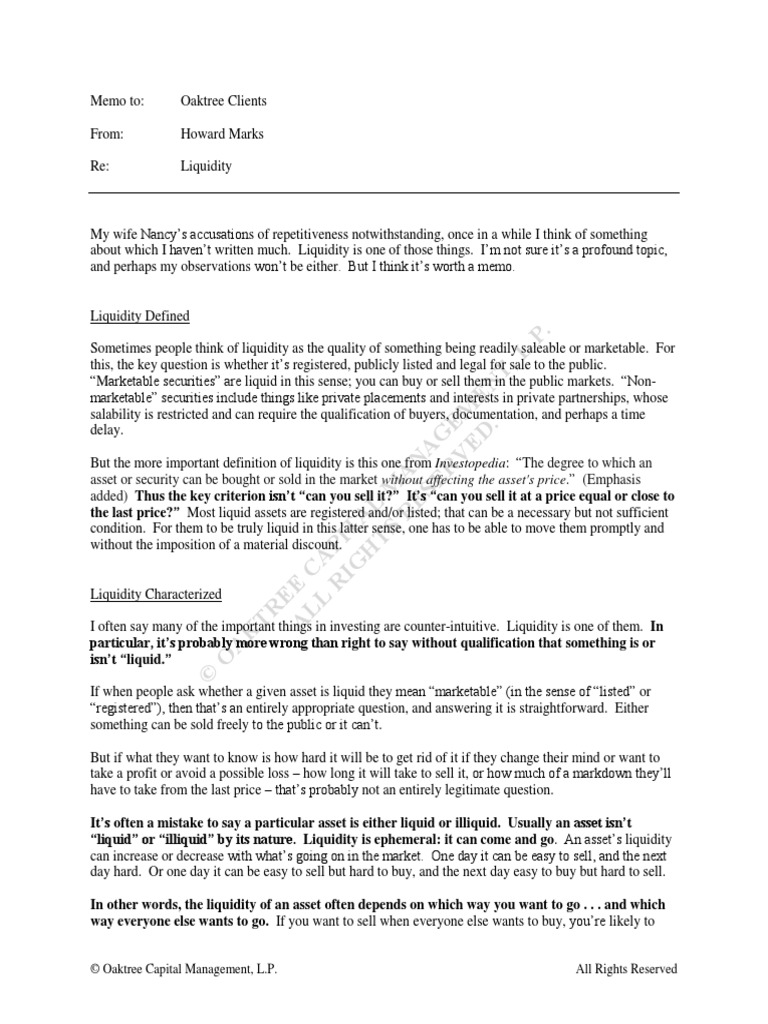 Oaktree Liquidity Letter | Market Liquidity | Exchange Traded Fund
