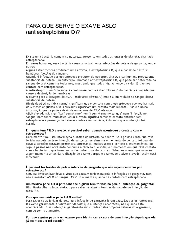 O que o exame de ASLO (antiestreptolisina O) mede e para que serve ...
