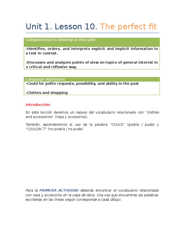 Unit 1. Lesson 10. The Perfect Fit | PDF