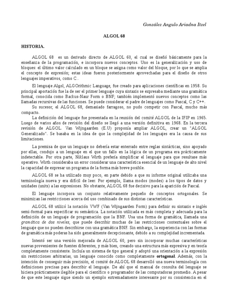 Historia y características de ALGOL 68 | PDF | Lenguaje de programación ...