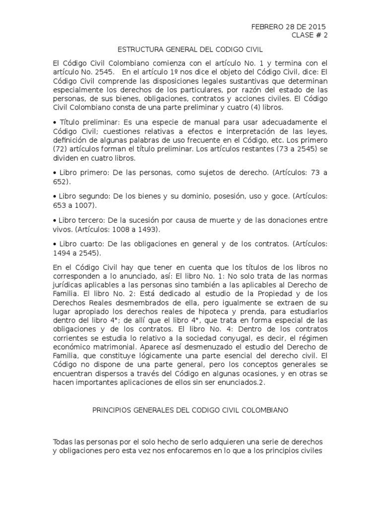Estructura y principios generales del Código Civil Colombiano | PDF ...