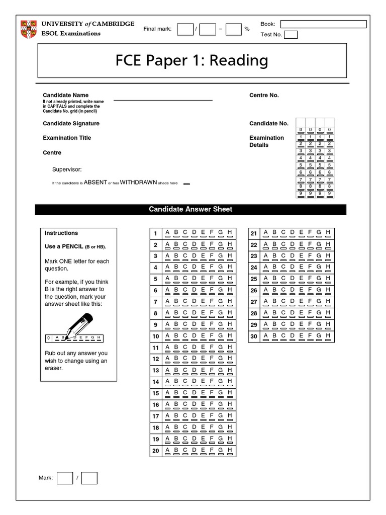 FCE Answer Sheets | Language Acquisition | Data Collection