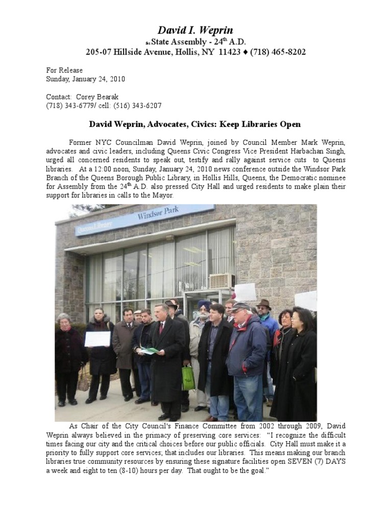 David Weprin, Advocates, Civics: Keep Libraries Open | PDF | Queens ...