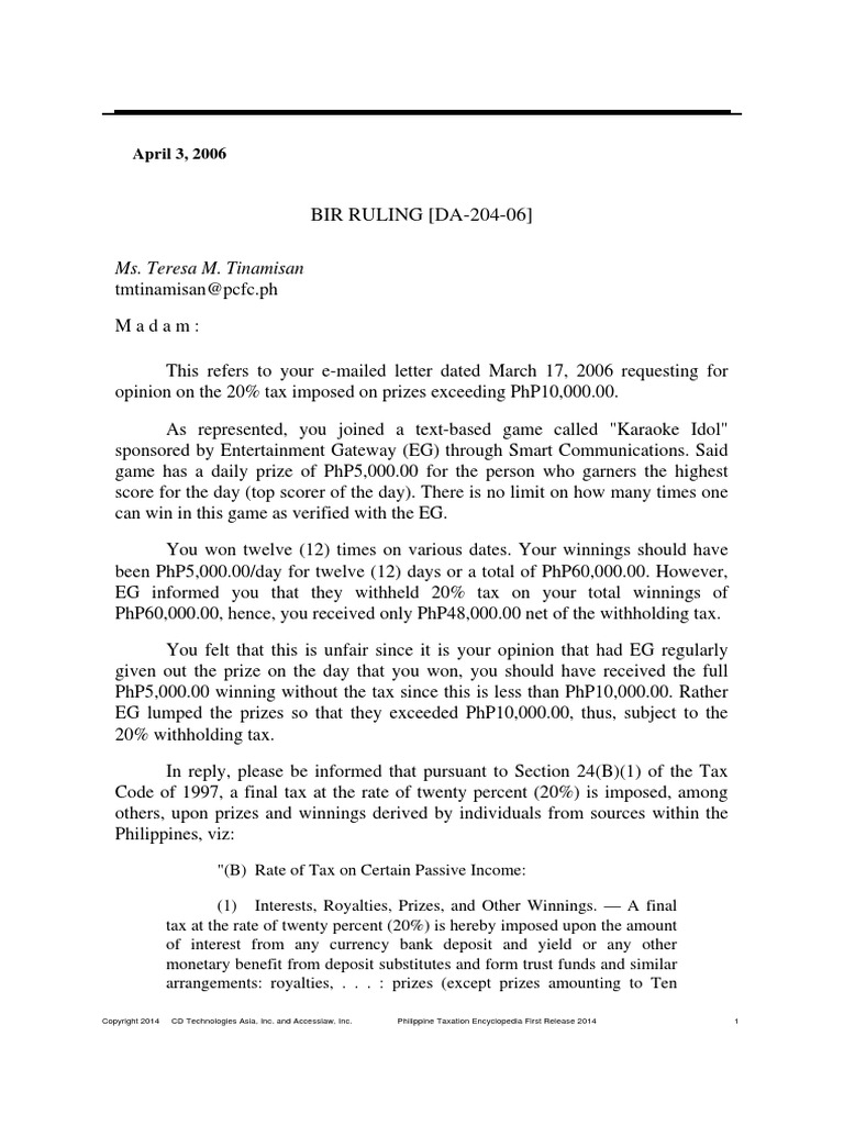 Bir Ruling (Da 204 06) | PDF | Withholding Tax | Public Finance