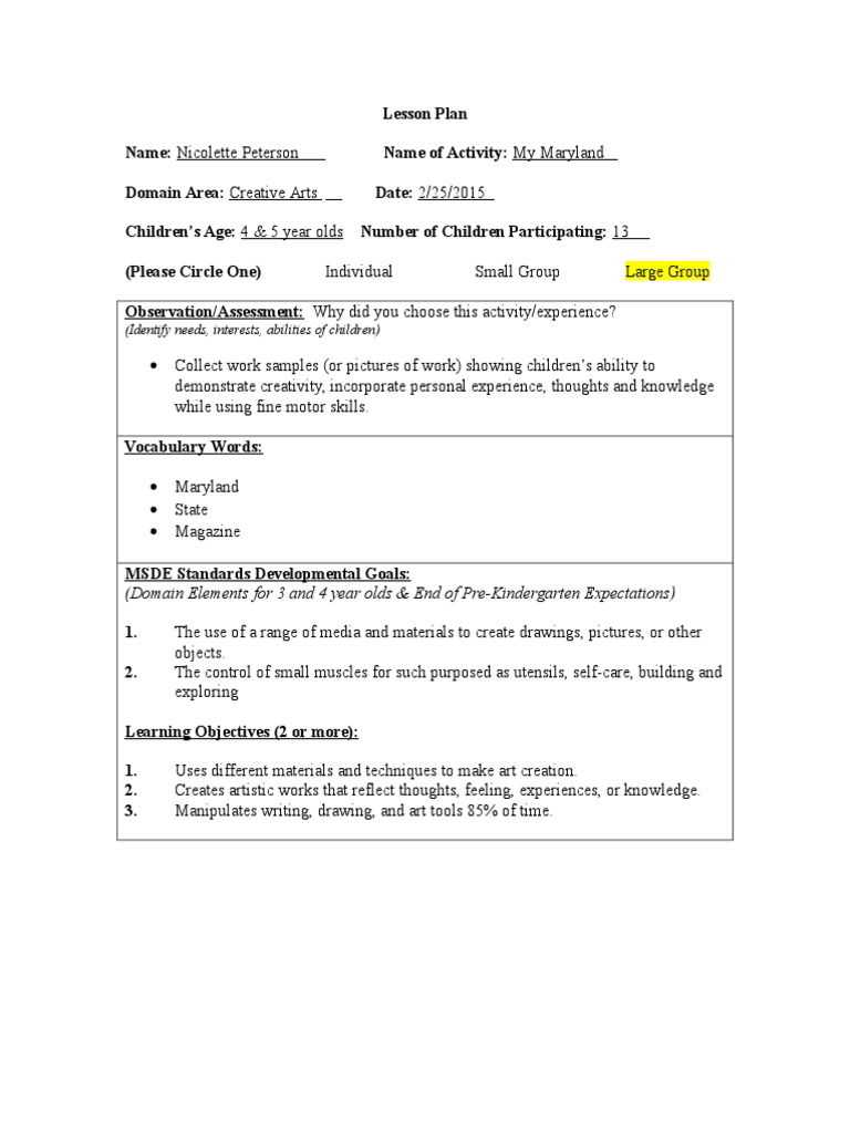 Creative Arts Lesson Plan 1 | PDF | Lesson Plan | Drawing