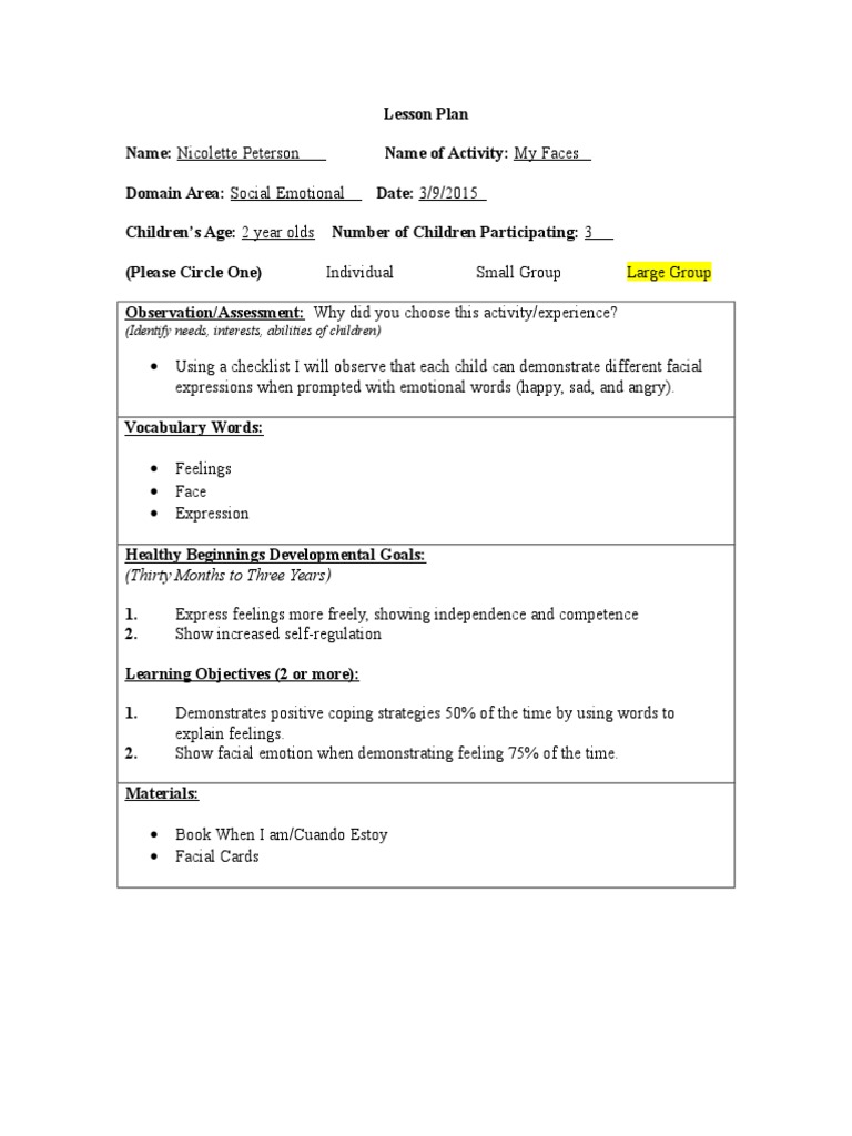 Social Emotional Lesson Plan for Toddlers | PDF | Emotional Self ...