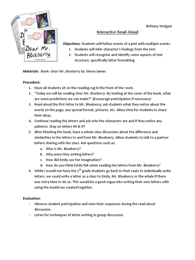 Interactive Read-Aloud: Dear Mr. Blueberry | PDF | Language Arts ...