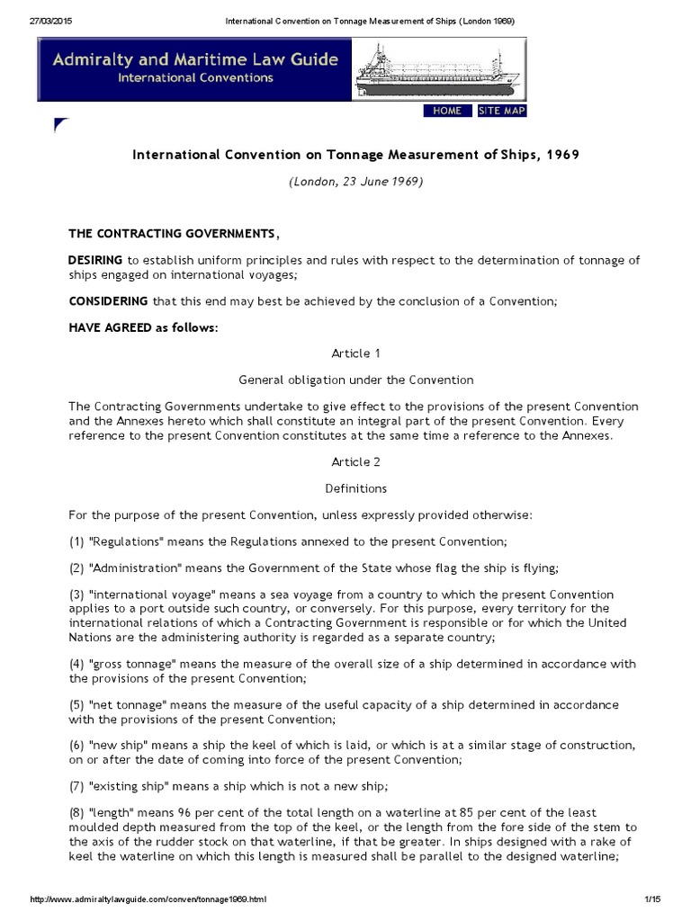 International Convention On Tonnage Measurement of Ships (London 1969 ...