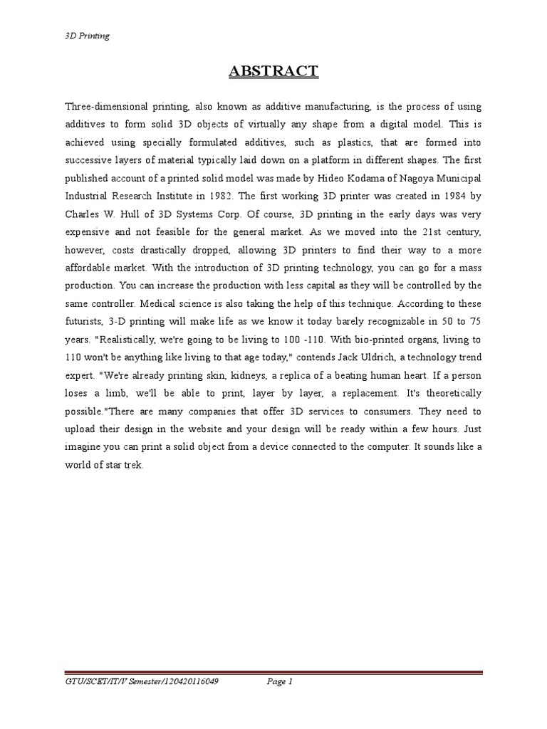 Report On 3D Printing | PDF | 3 D Printing | 3 D Modeling
