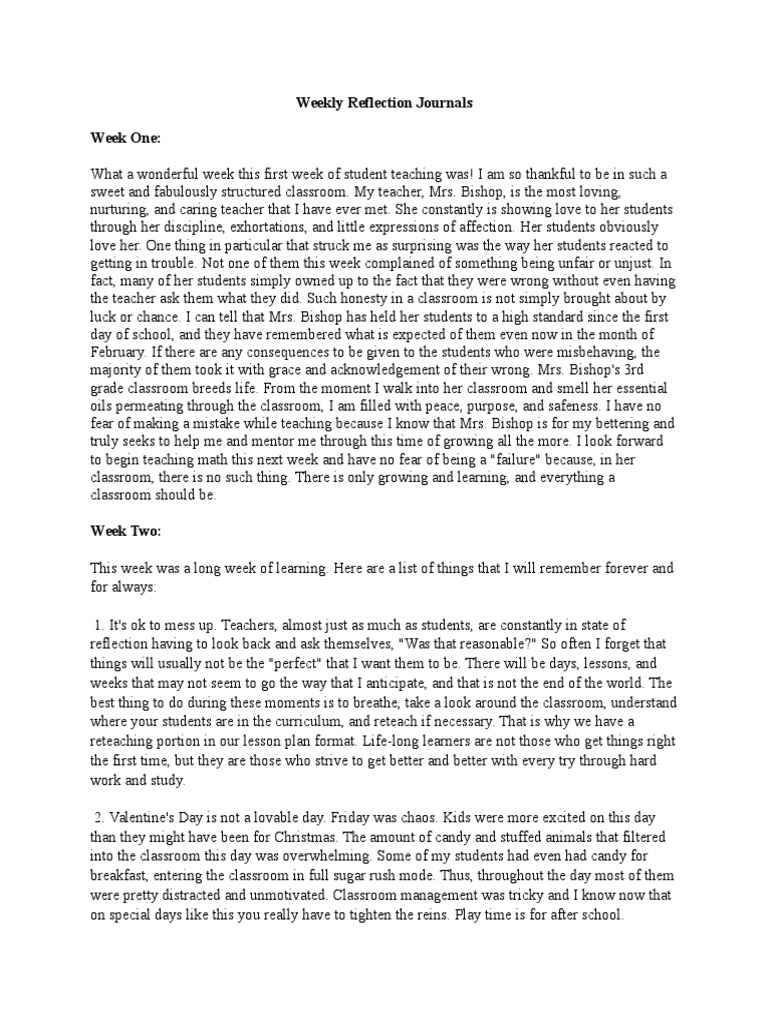 Student Teaching Weekly Reflections | PDF | Classroom Management ...