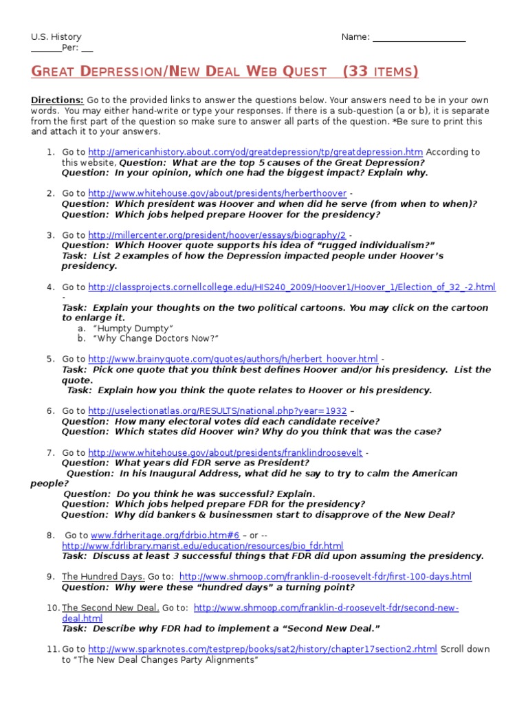 Great Depression New Deal Webquest | PDF | New Deal