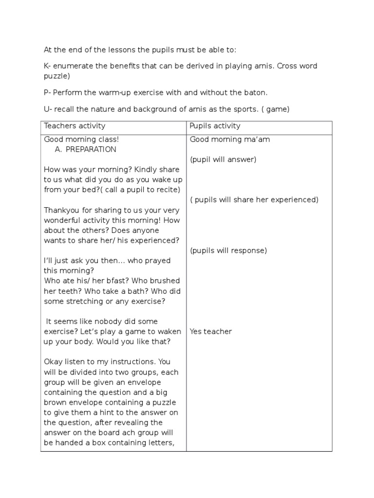 Lesson Plan Arnis | Philippines | Combat Sports