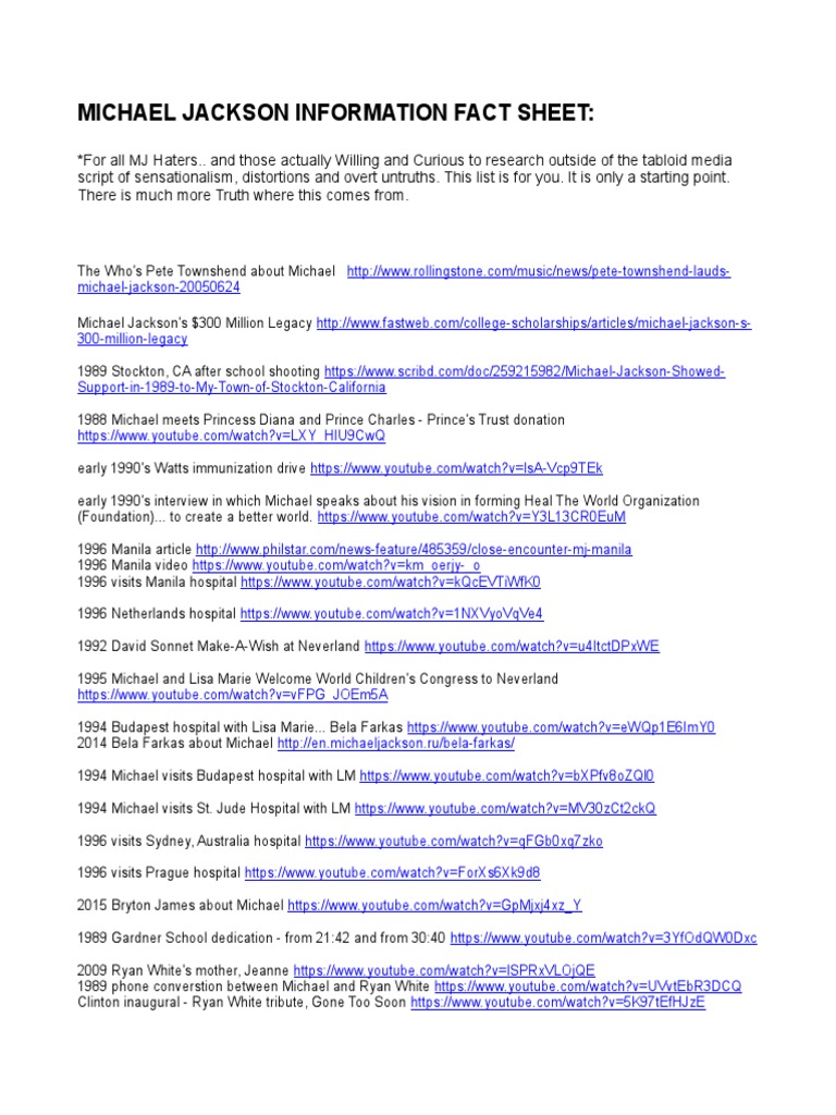Michael Jackson Information Fact Sheet | Michael Jackson ...