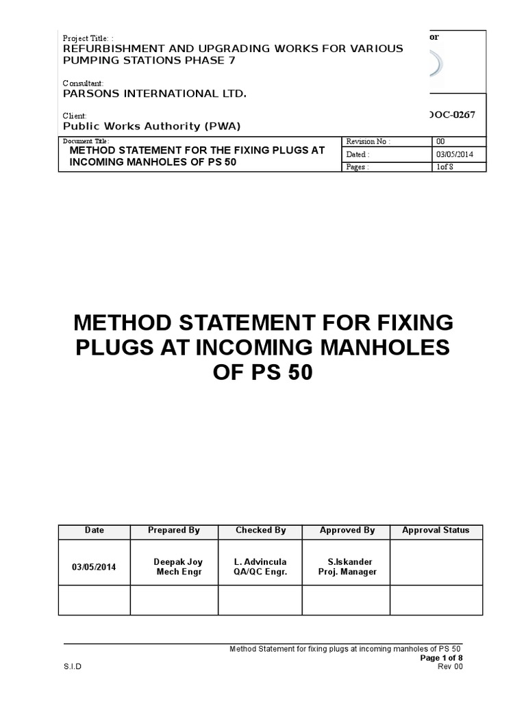 Method Statement for Fixing Plugs at Incoming Manholes of Pumping ...