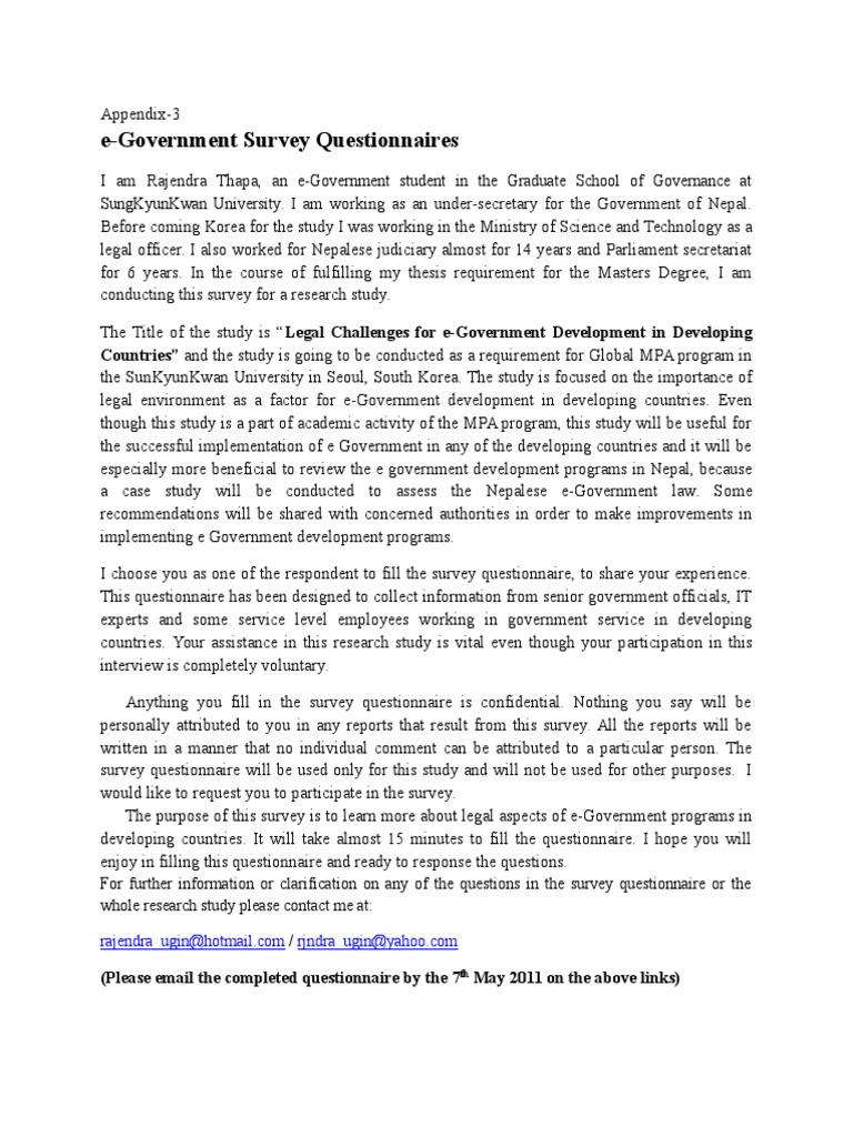 e-Government Survey Questionnaire | E Government | Public–Private ...