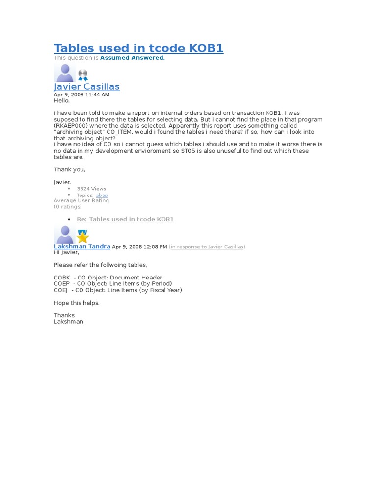 Tables Used in Tcode KOB1 | PDF
