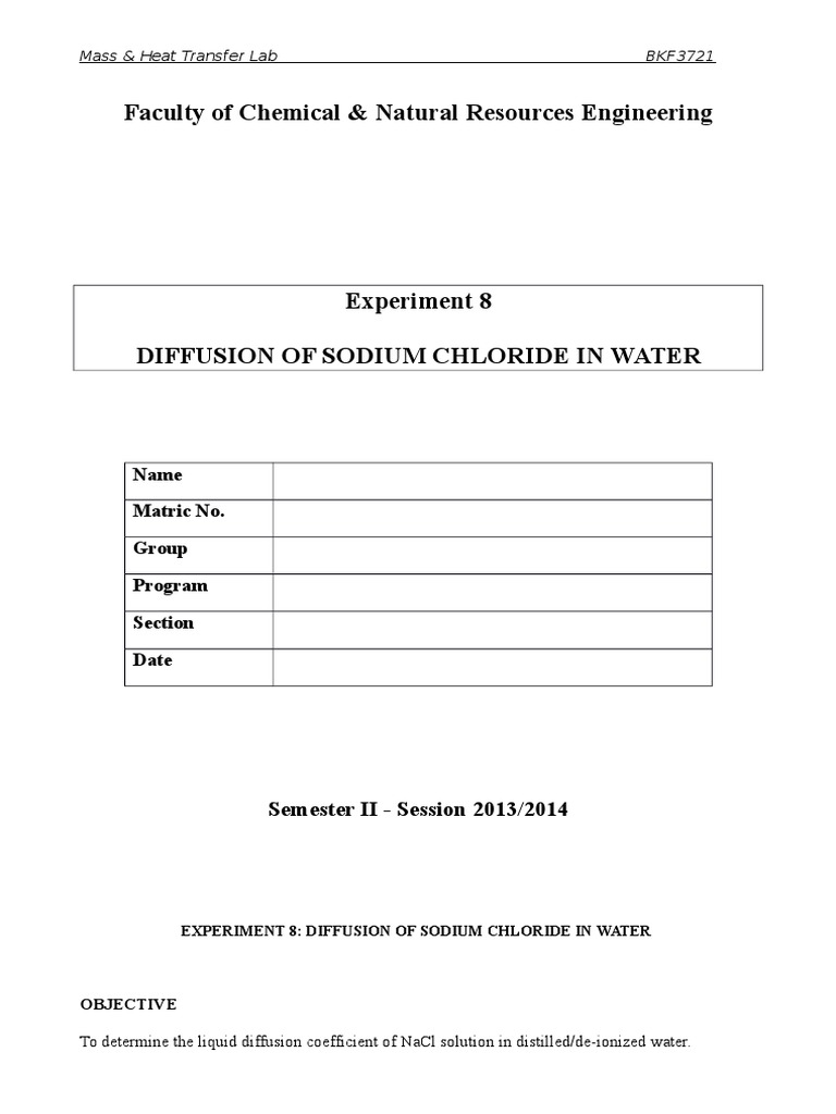 Exp. 8 Diffusion of Sodium Chloride in Water | PDF | Diffusion | Molar Concentration