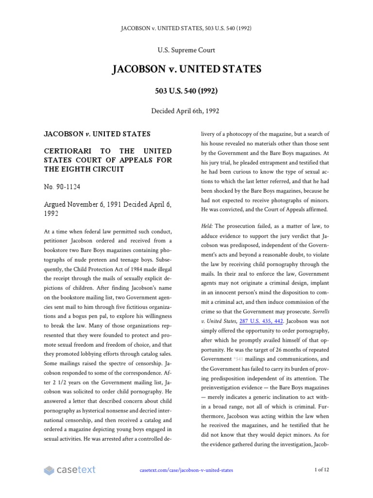 Jacobson v. United States: Entrapment Case | PDF | Entrapment | Burden ...