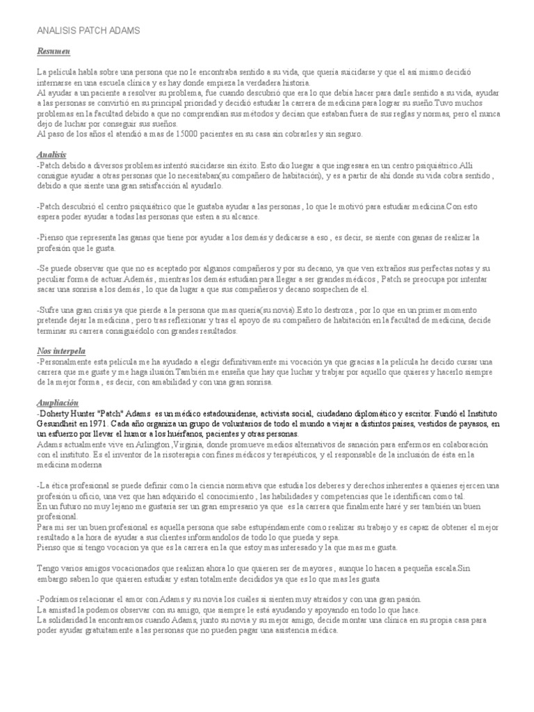 Análisis de Patch Adams y su legado | PDF | Salud y bienestar | Medicina