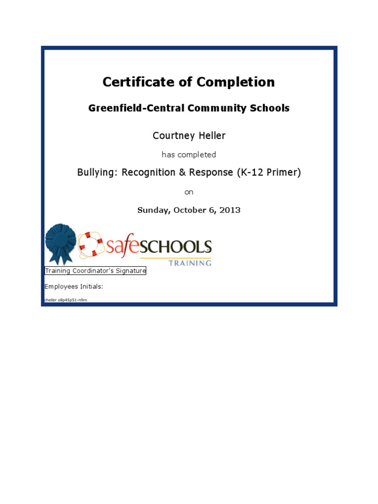 Certificate of Completion For Bullying Recognition & Response (k-12 ...