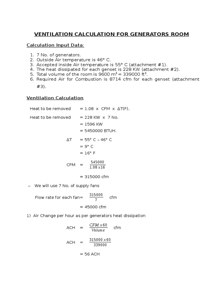 Ventilation Calculation For Generators Room | PDF | Ventilation ...
