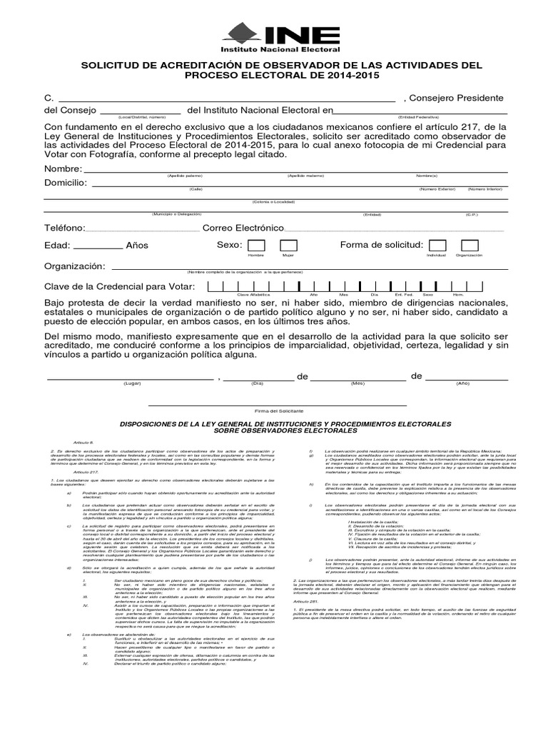 Solicitud Observador Ciudadano INE PDF | PDF | Elecciones | Gobierno
