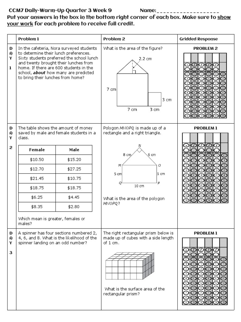 CCM7 Daily Warm-Up Q3 W9 Math Problems | PDF