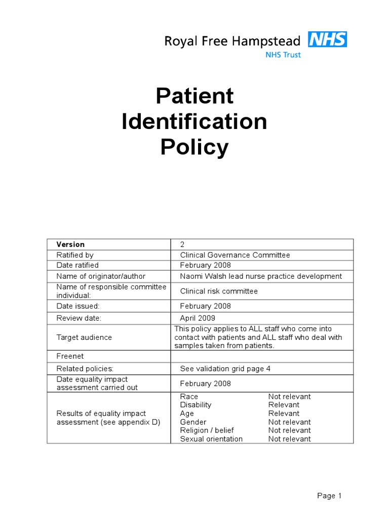 Patient Identification Policy | PDF | Patient | Emergency Department