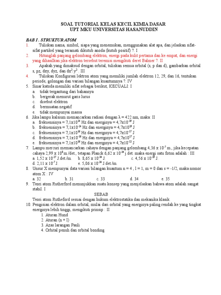 SOAL TUTORIAL KELAS KECIL KIMIA DASAR | PDF SOAL TUTORIAL KELAS KECIL KIMIA DASAR | PDF